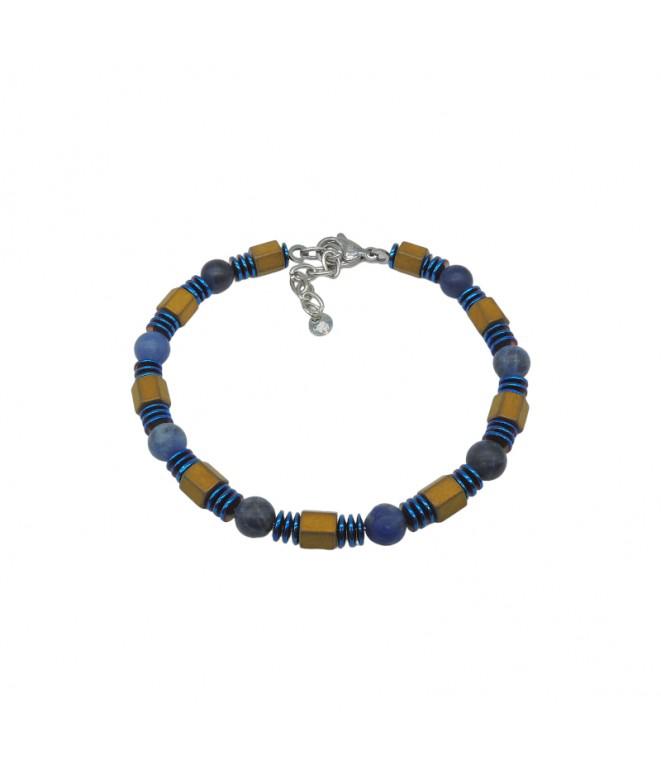 PULSERA I BOLA AZUL+APLIQUE DORADO MATE+ACERO AZUL - Heracles